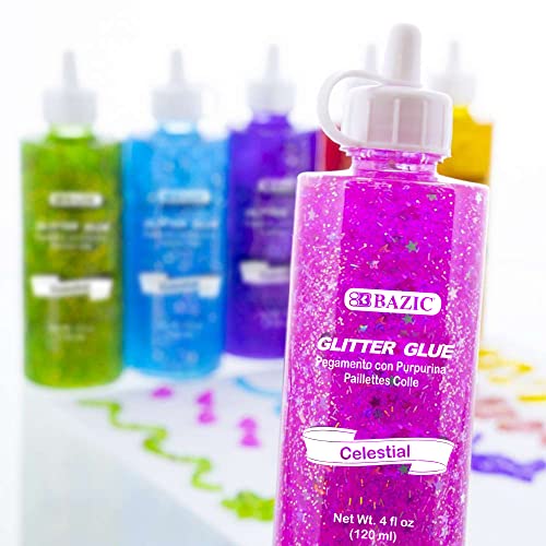 BAZIC Glitter Glue 6 Neon Color Star & Moon Sequins, Non-Toxic Washable Glitter Glue for Slime Paints Art Crafts, Gift for Kids (4oz/Pack), 6-Packs