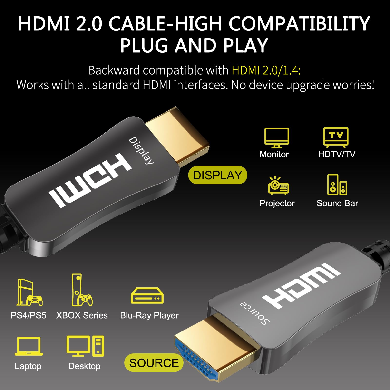 ATZEBE Fiber Optic HDMI Cable 50ft, Fiber HDMI Cable Supports 4K@60Hz, 4:4:4/4:2:2/4:2:0, HDR, Dolby Vision, HDCP2.2, ARC, 3D, High Speed 18Gbps, Slim and Flexible HDMI Fiber Optic Cable