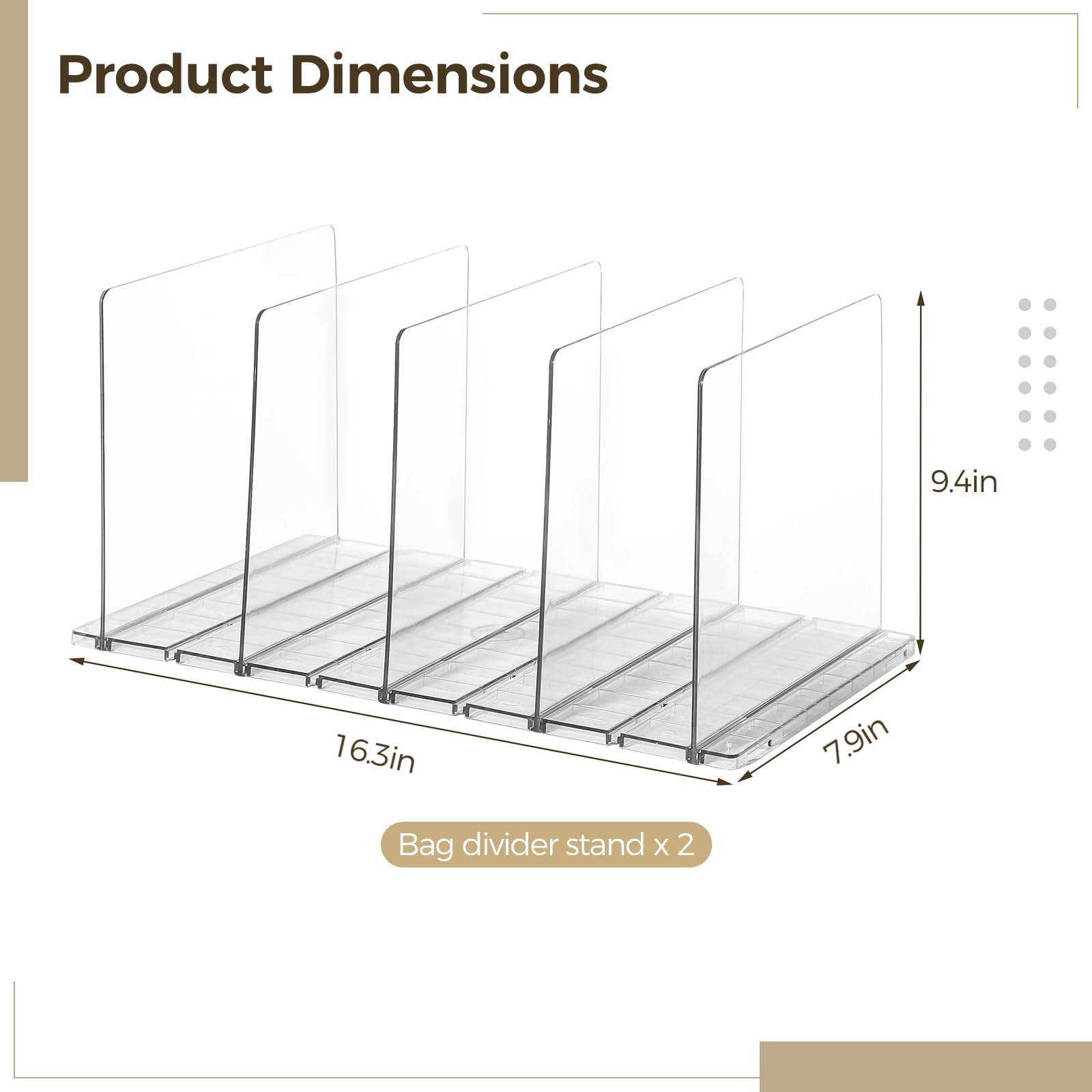 2 Pack Purse Divider Organizers for Closet, 16.3'' x 7.9'' x 6.4'' Adjustable Clear Shelf Dividers for Bags Purses Closet Organization, Handbag Divider Organizer Holders for Bookshelf Bedroom