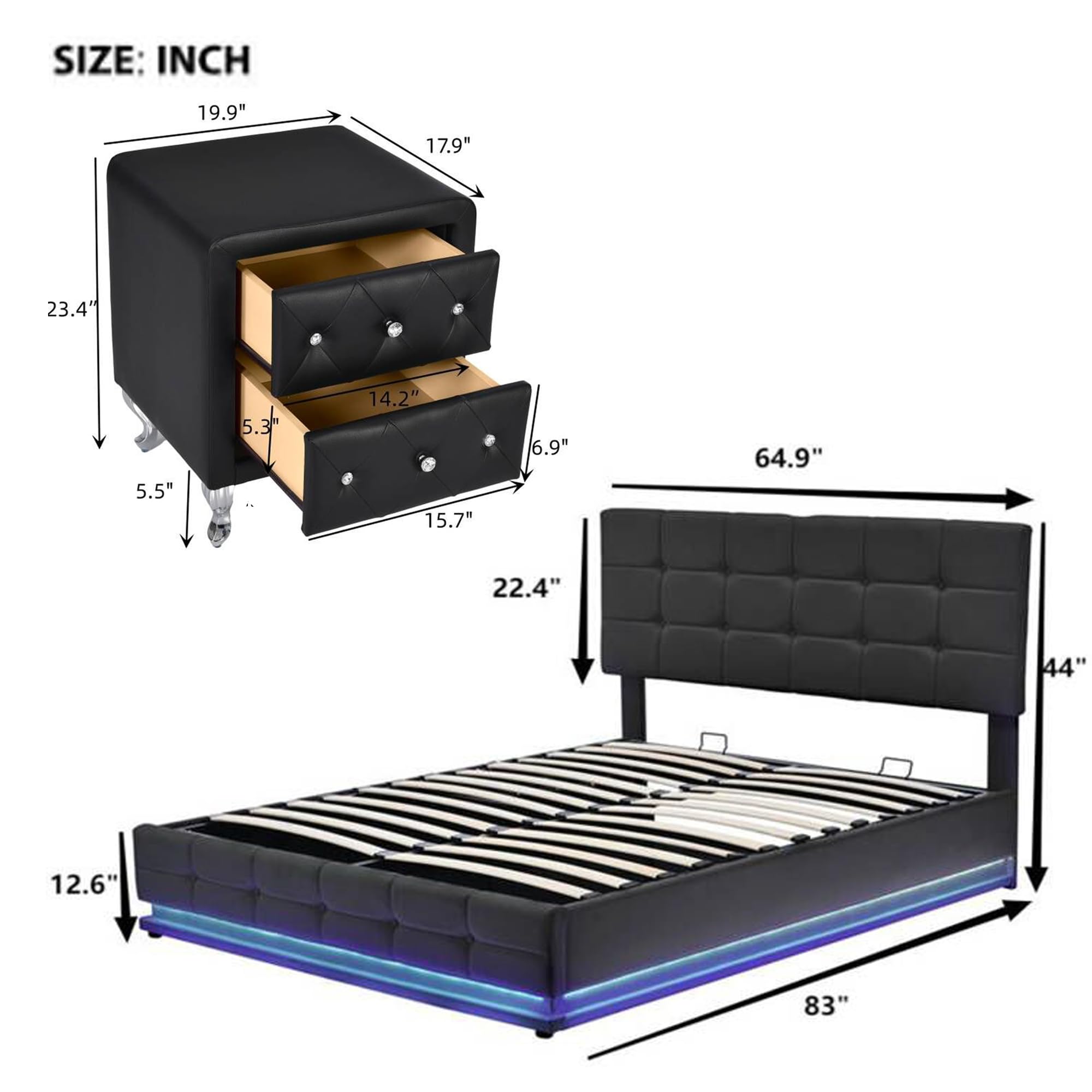 3-Pieces Queen Size Bedroom Sets,PU Upholstered Queen Platform Bed Frame with 2 Nightstands and USB Charging Station,Lift Up Storage Bed Queen,Bedroom Furniture Sets, Easy Assemble,Black
