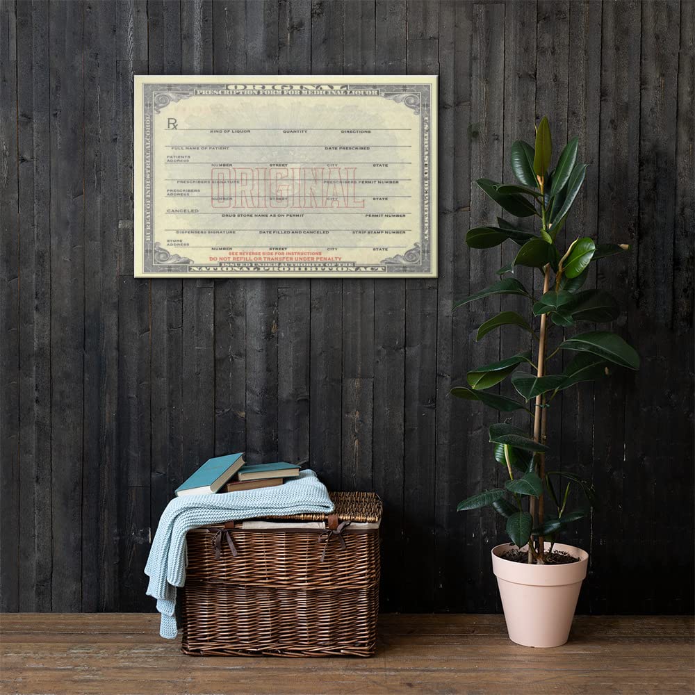 1920's Prohibition Medicinal Alcohol Prescription Form replicated on Large 24x36 Canvas