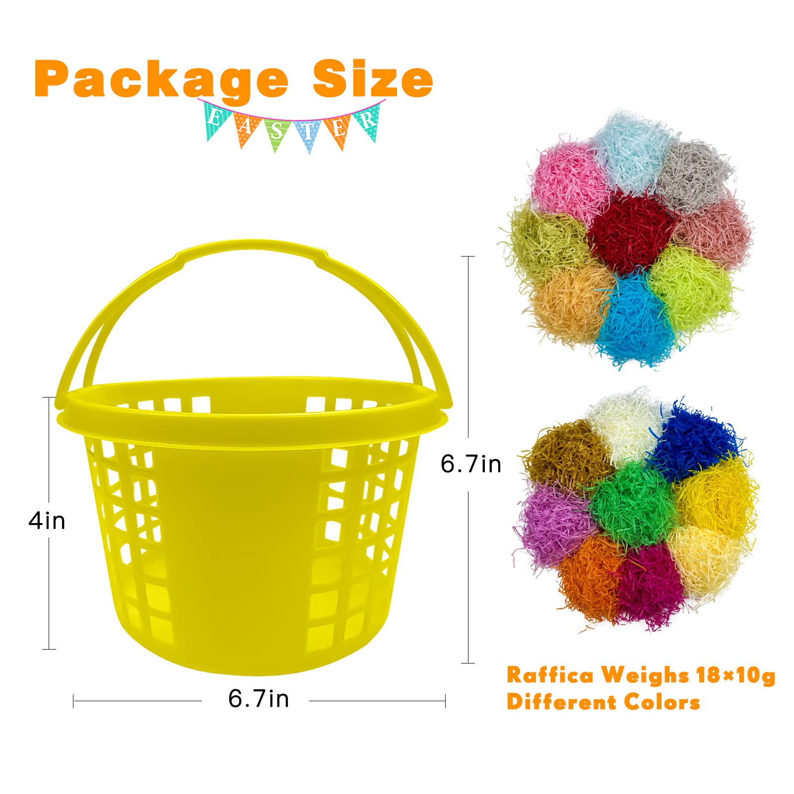 18 + 18 Pack Easter Plastic Baskets for Kids with 180g Paper Shred Easter Grass, Round Gift Basket Bulk for Easter Party Egg Hunts, Theme Party Favors Decorations