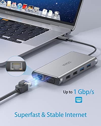 USB C Hub VGA Adapter, YIYOO 10-in-1 Docking Station with Ethernet 1000Mbps, VGA, 4K USB C to HDMI, 2 USB 3.0, 2 USB 2.0, Micro SD/TF Card Reader, USB-C PD 3.0, Compatible for Laptops, Computers