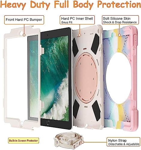 KENOBEE Case for iPad 9.7 6th/5th 2018/2017 / Air 2 / Pro 9.7, 360° Rotating Multi-Functional Handle-Kickstand Shockproof Cover Built-in Screen Protector & Shoulder Strap, Rainbow Pink