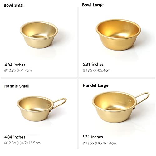 2 Pcs Korean Traditional Raw Rice Wine Bowls Korean Makgeolli Dongdongju Hiking Soup Dish Aluminum Yellow Made in Korea BC233 (Handle, Small 2 Pcs) (ZEESOON)