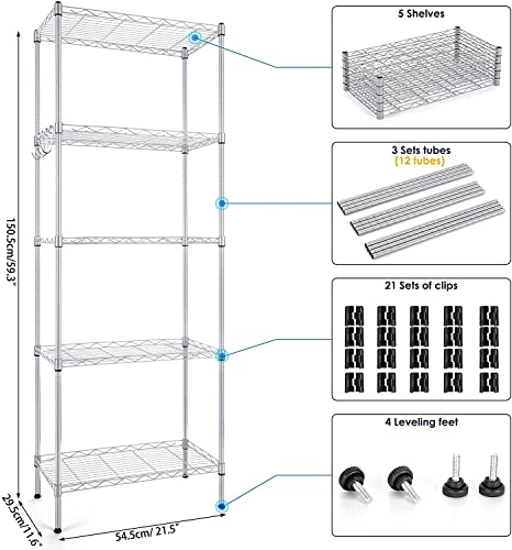 5-Shelf Shelving Units and Storage Heavy Duty, Wire Adjustable Shelf Utility Commercial Steel Organizer, Metal Shelves Wire Rack with 4 Hooks for Kitchen Bathroom Office and Garage, Set of 2 (Silver)