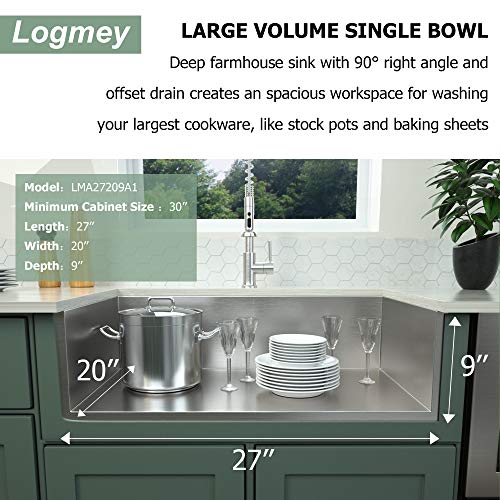 27 Farmhouse Sink Single Bowl - Logmey 27 inch Stainless Steel Kitchen Sink 18 Gauge Apron Front Single Bowl Kitchen Farm Sink