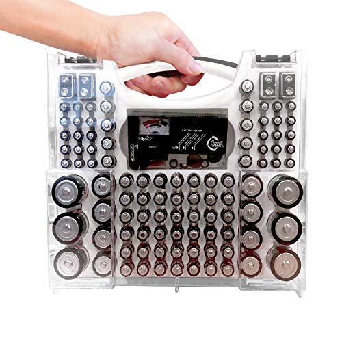 Battery Pro Organizer and Battery Tester, Wall-Mount Battery Storage Case, Holds 100 Assorted AA, AAA, C, 9-Volt, CR123, CR1632, and Button Cell Batteries, (White)