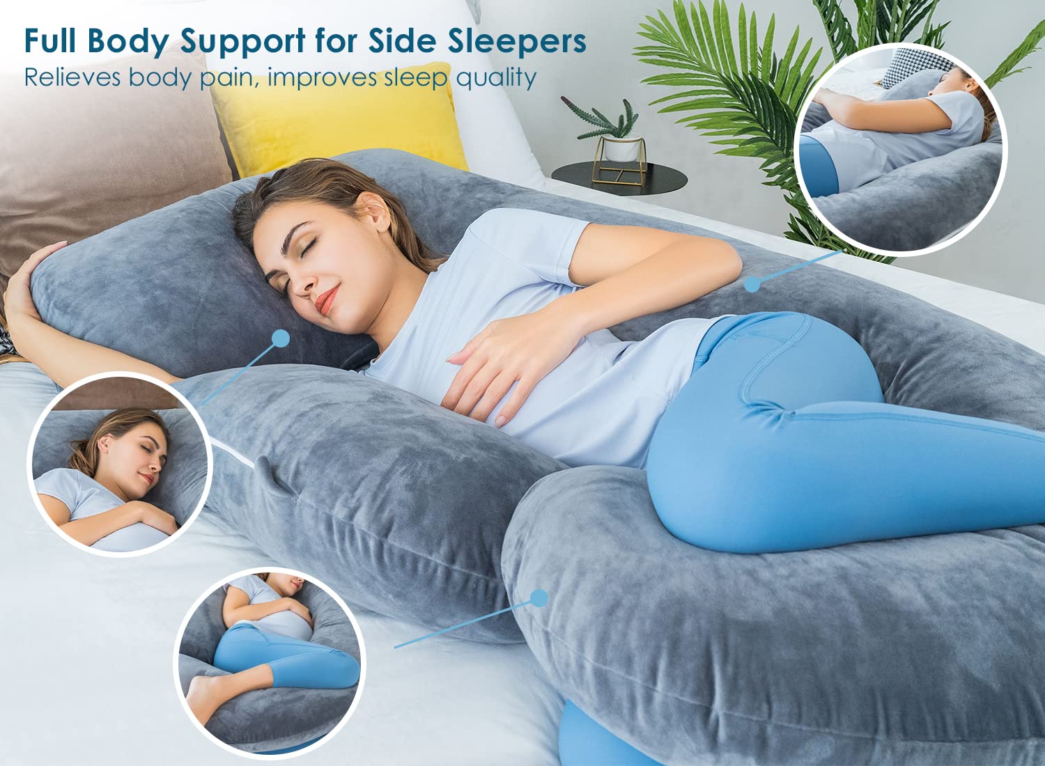 QUEEN ROSE Pregnancy Pillow, U Shaped Body Pillow for Sleeping, Maternity Pillows with Detachable Pillow for Side Sleepers Support, Grey Velvet Cover