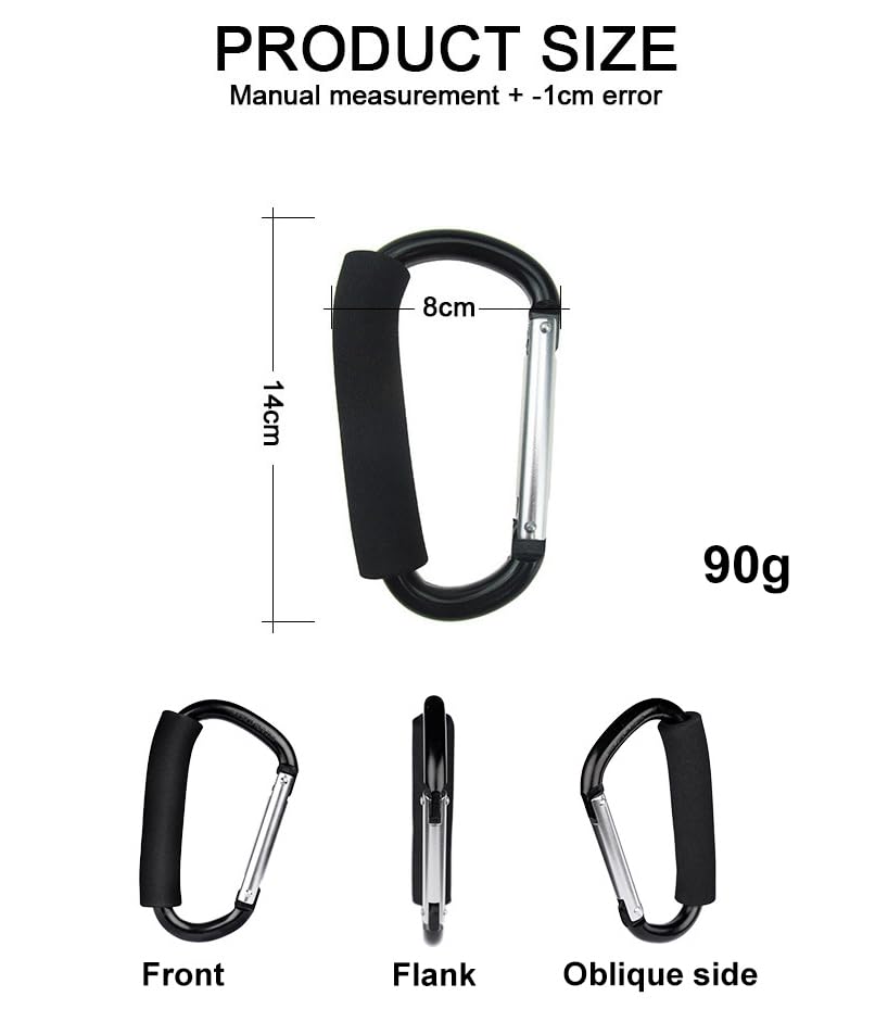 AKOAK Universal Stroller Hook Hanging Bag and Shopping, Large Hook Clasp Stroller Accessories - Easy Hanging Wallet, Diaper Bag, Shopping Bag, Toys, Sports Equipment - Pack of 2, Black