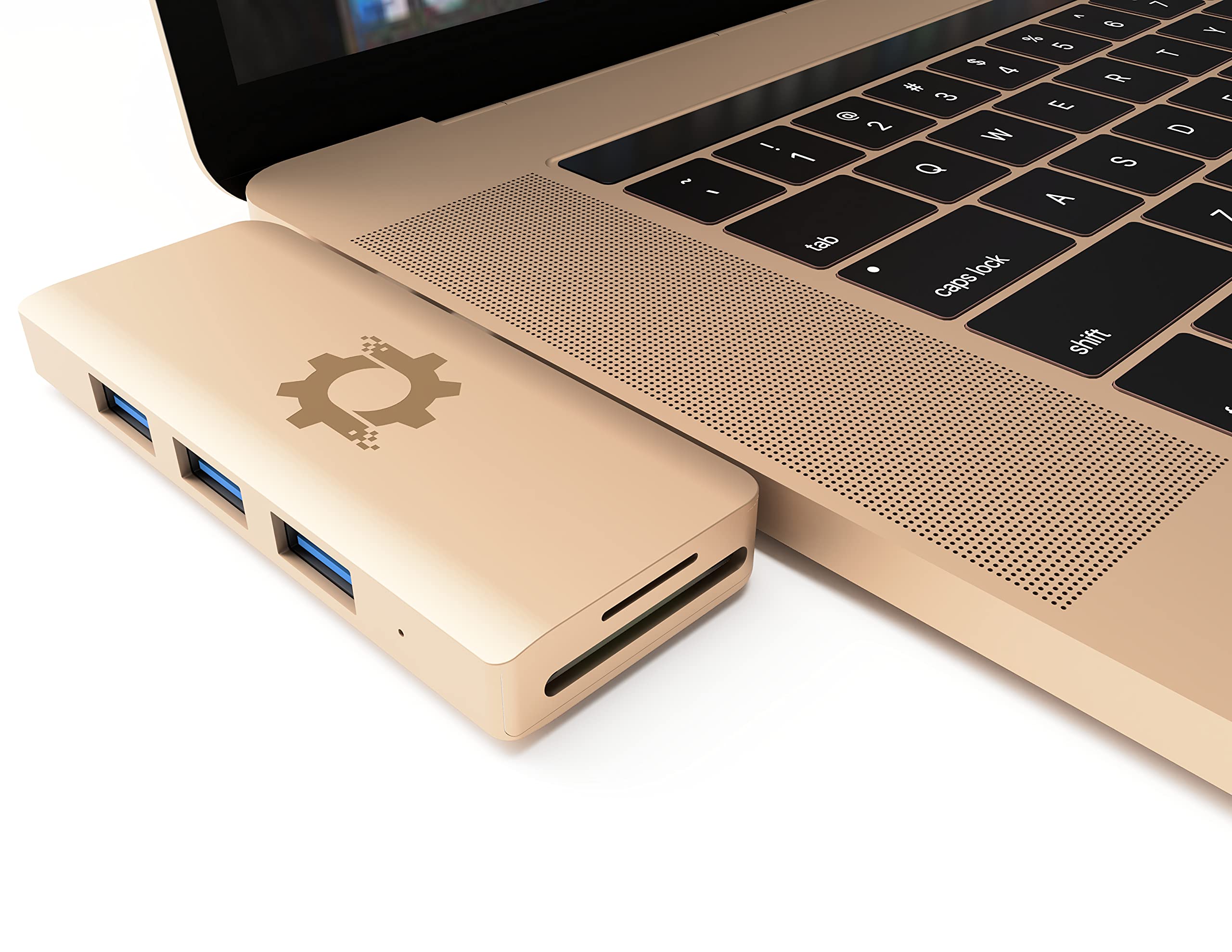 NOV8Tech USB C Hub Gold 6in2 Slim Adapter for MacBook Air M1 2018-2022, Pro M1 2016-2022, Mini Docking station Thunderbolt 3 100W Power Delivery, USB C Data & 3X USB 3.0 Ports, Micro SD/SD Card Reader