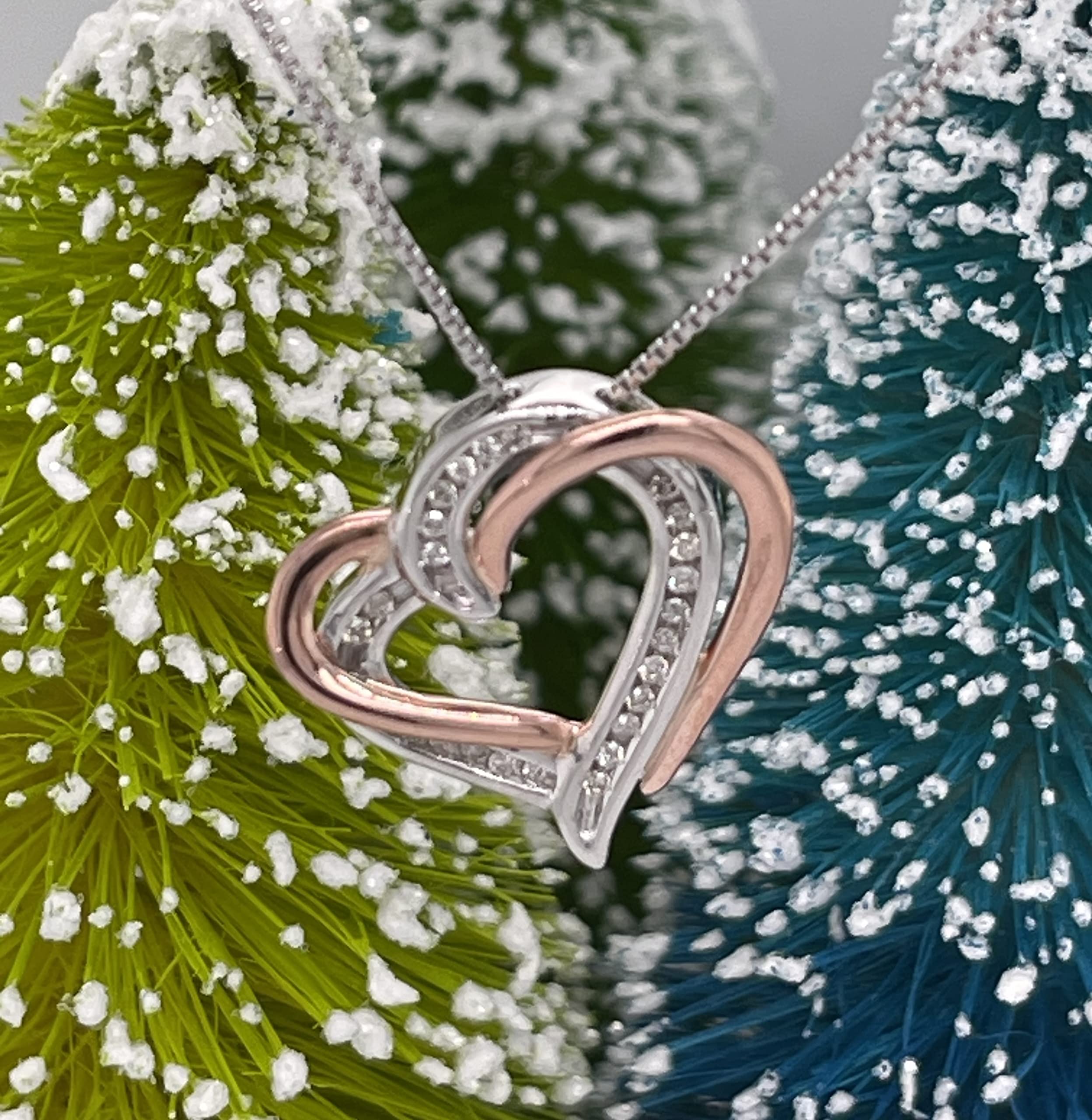 14kt Solid Rose Gold and Sterling Silver Diamond Double Heart Pendant Necklace 1/10 cttw Natural Diamonds - 18 Inch BoxChain