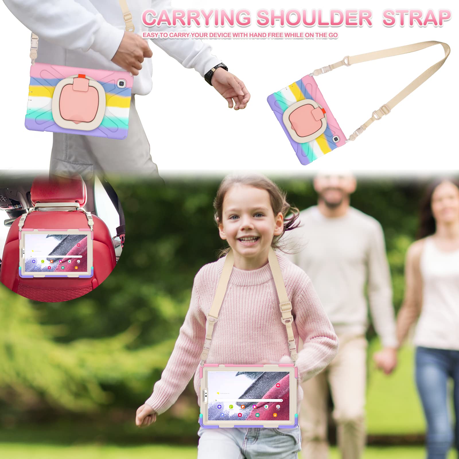 BATYUE Case for Samsung Galaxy Tab A7 Lite;Galaxy Tab A7 Lite Case 8.7 inch 2021 Released( SM-T220/SM-T225)Protective Case for Kids with Pencil Holder,360° Swivel Stand,Shoulder Strap - Colourful Pink