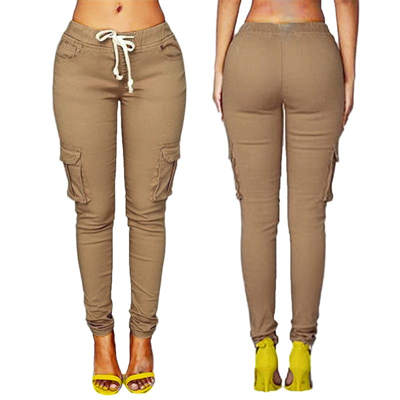 Andongnywell Womens Casual Stretch Drawstring Skinny Pants Cargo Jogger Pants High Waist Tie Butt Lift Pant with Pockets (White,X-Large)