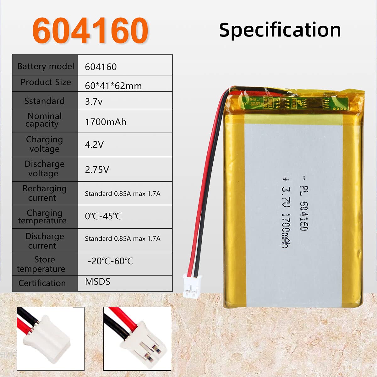 AKZYTUE 3.7V 1700mAh 604160 Lipo Battery Rechargeable Lithium Polymer ion Battery Pack with JST Connector