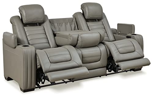 Signature Design by Ashley Backtrack Contemporary Tufted Leather Power Reclining Sofa with Adjustable Headrest, Light Gray
