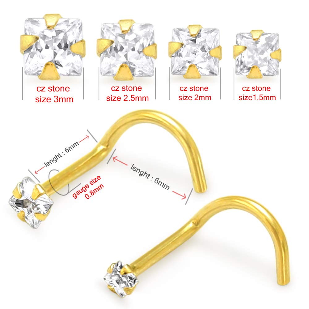 14K Yellow Gold Prong Set 2.5MM Square CZ Stone 20 Gauge Nose Screw Piercing Jewelry