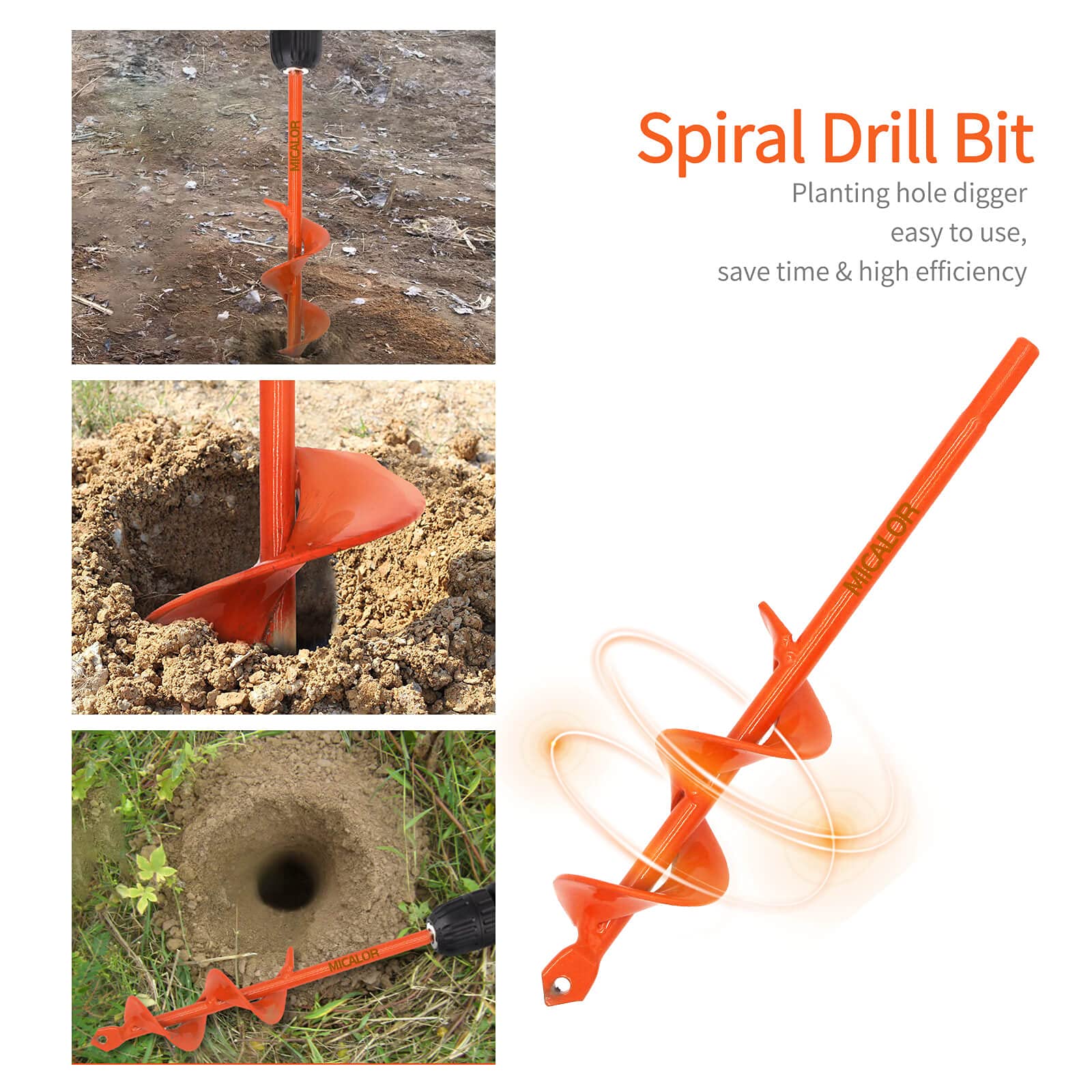 MICALOR Auger Drill Bit for Planting Set of 4, Garden Ground Earth Spiral Drill Bit for 3/8" Hex Drive Drill, Easy Bulb Auger for Post Hole Digger Flowers
