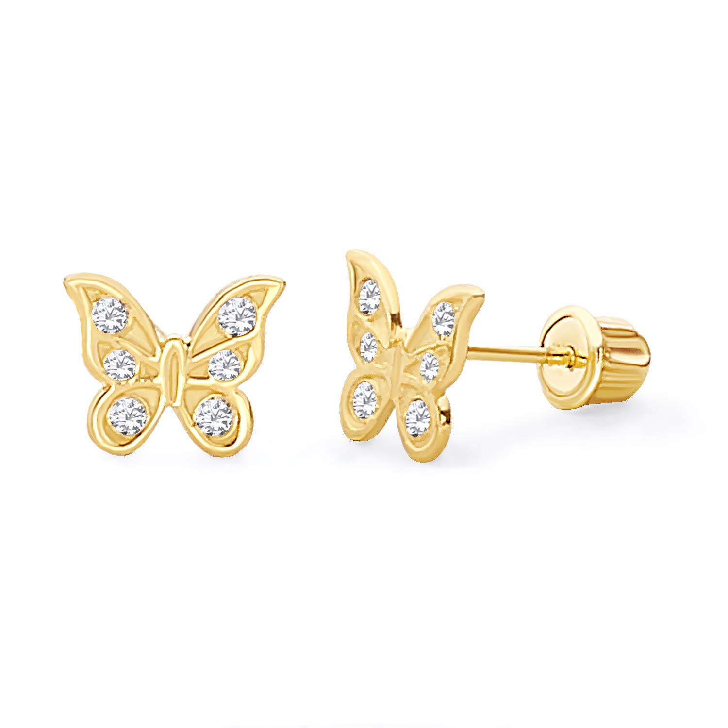 14k REAL Yellow Gold Butterfly Stud Earrings with Screw Back