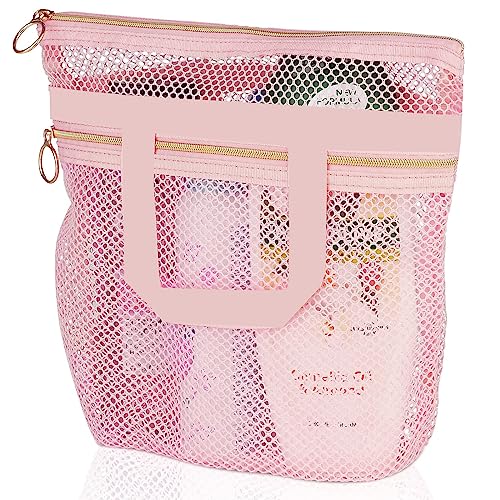 2 PCS Mesh Quick Dry Shower Caddy Bag, 10.2x9.9''Portable Shower Hanging Toiletry With Zipper, Shower Tote Bag For College Dorm Essentials, Shower Caddy Dorm For Travel Camp Gym Swim (Pink)