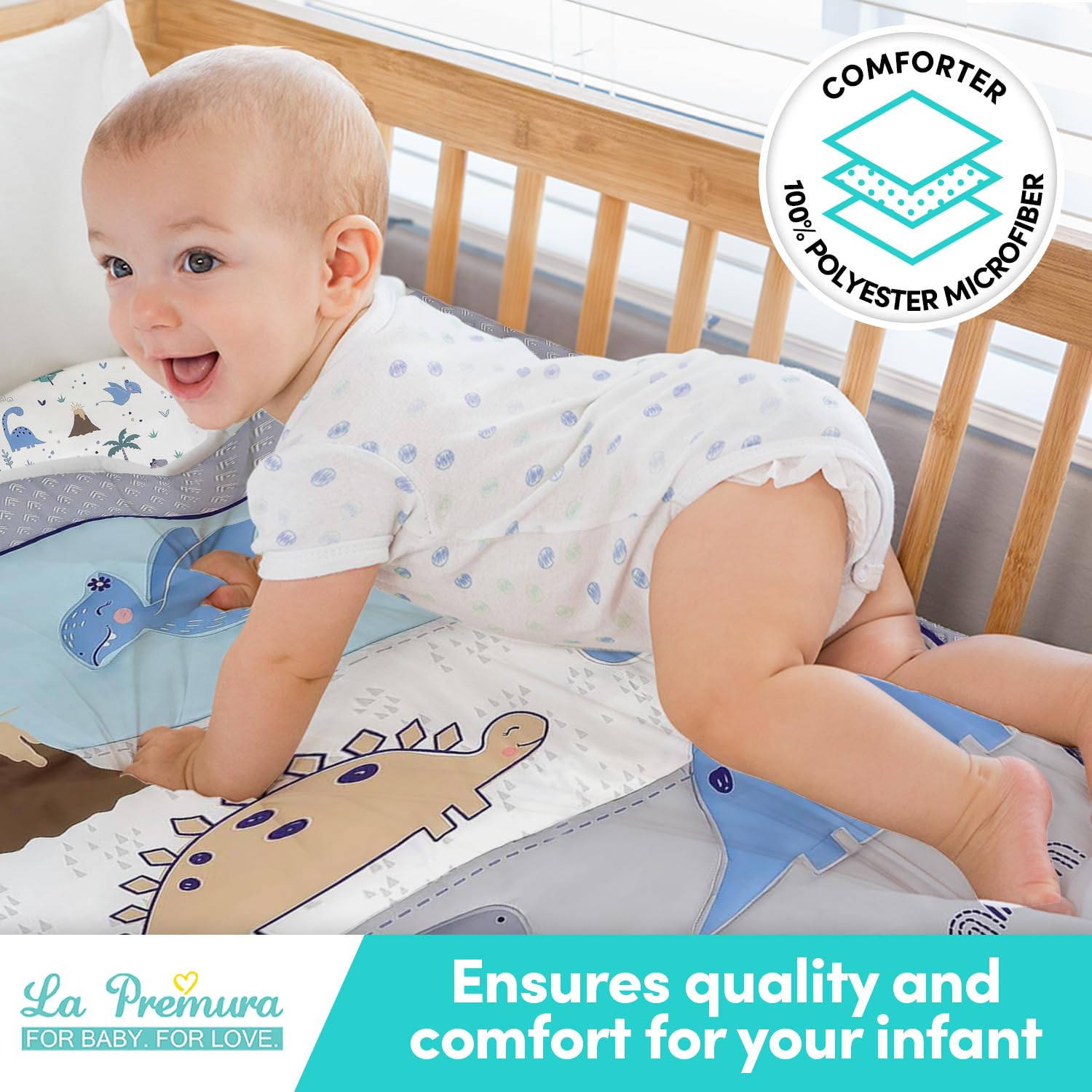 La Premura Baby Crib Bedding Set for Boys β Dinosaur 3 Piece Standard Size Nursery Crib Comforter Set, Grey/Blue - Unisex Baby Nursery Bedding and Neutral Decor