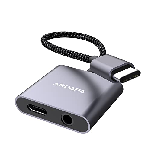 ANDAPA USB C to 3.5mm Headphone and Charger Adapter, 2-in-1 Type C to Aux Audio Jack Hi-Res DAC and PD Fast Charging Dongle Cable Compatible with Galaxy S22 S21 S20 S20+ Note 20,Pixel 6/5XL,ipad pro