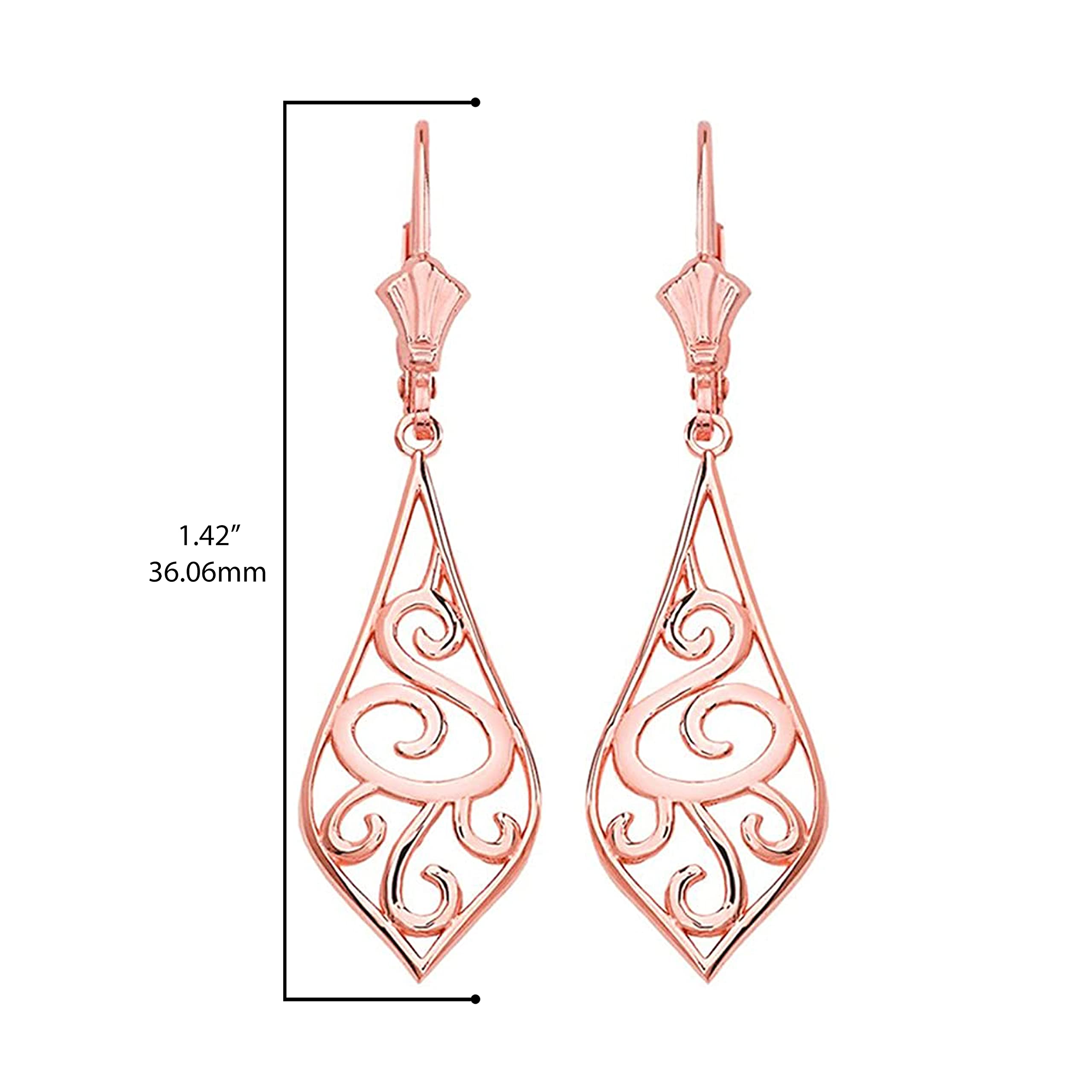 14K Rose Gold Art Nouveau Swirl Teardrop Dangle Leverback Earrings - 1.42"