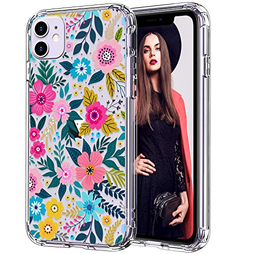 ICEDIO iPhone 11 Case with Screen Protector,Clear with Cute Colorful Blooming Floral Flower Patterns for Girls Women,Slim Fit TPU Cover Protective Phone Case for Apple iPhone 11 6.1 inch