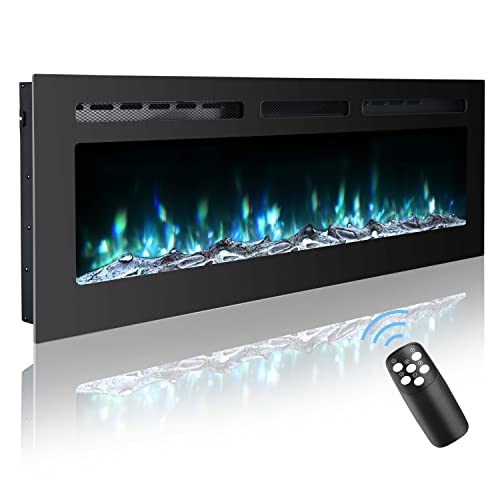 50 Inch Electric Fireplace Inserts, Wall Mounted Fireplace, Led Fireplace with Logs, Recessed Electric Fireplace with Remote Control, Linear Fireplace, 9 Multi Color Flames, 750/1500W