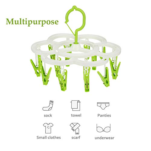 Clothespin Rack Laundry Drying Rack,Clothes Hangers with 16 Clips,Clip Hanger Drip Hanger for Drying Underwear,Baby Clothes,Socks,Bras,Towel,Pants,Hat,Scarf,Cloth Diapers,Gloves (Green)