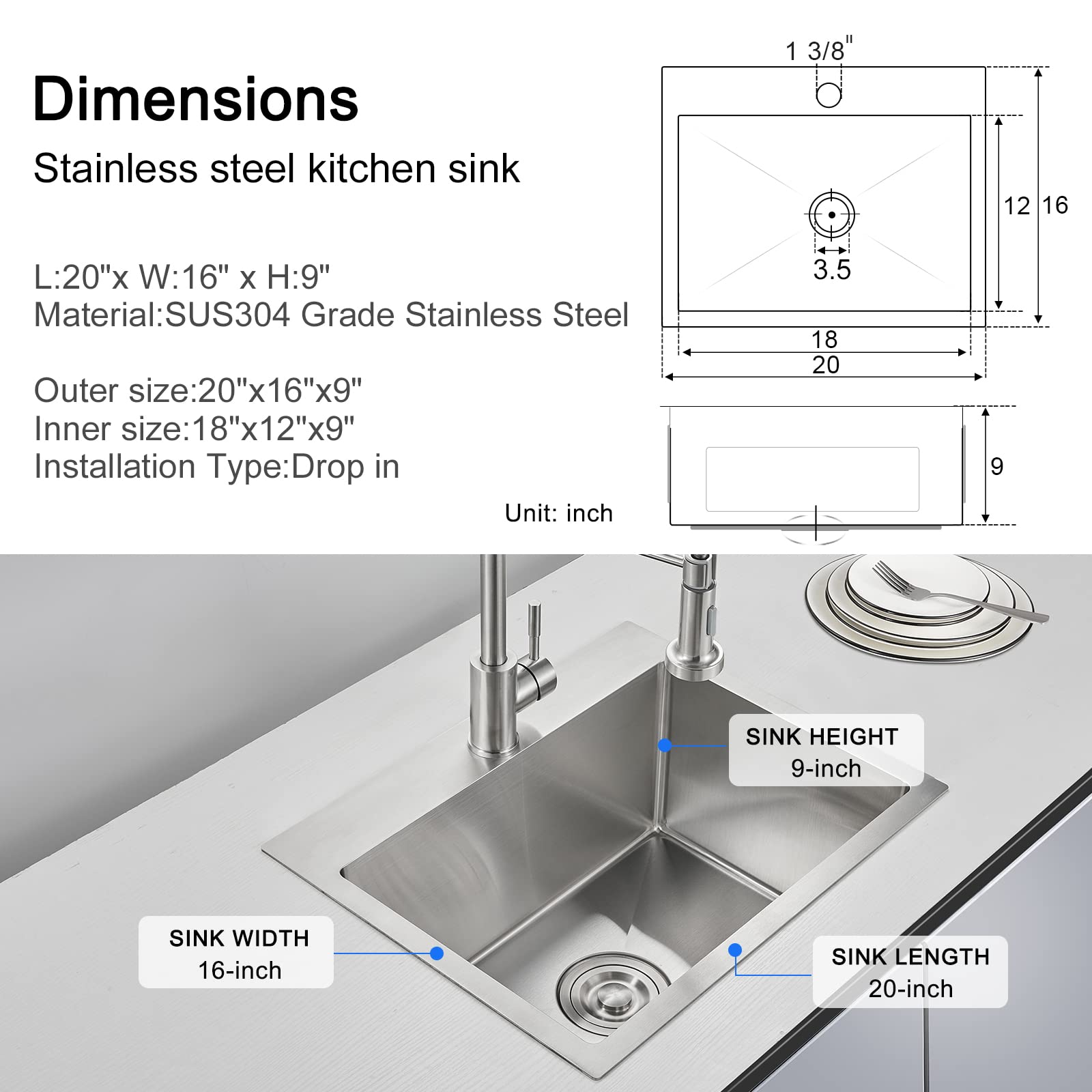 20-inch Drop in Kitchen Sink, TSIBOMU Stainless Steel Single Bowl Small Kitchen Sink Brushed Nickel, 20x16x9