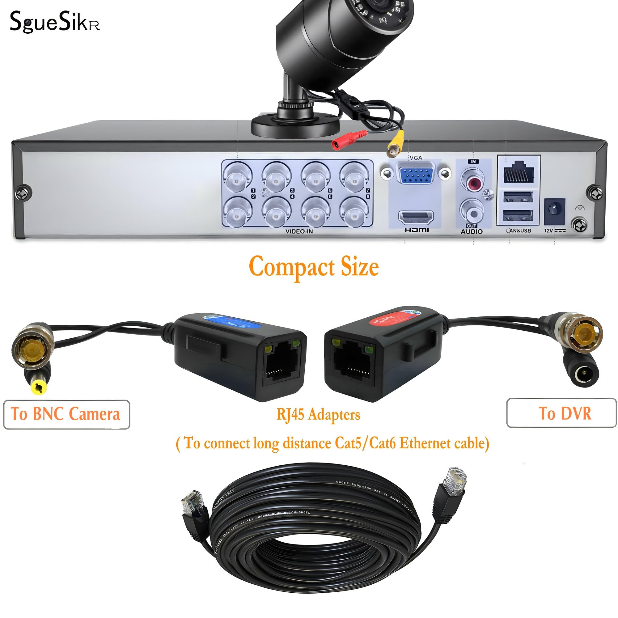 SGUESIKR 4 Pair BNC to RJ45 Passive Video Balun with Power, Cat5e/Cat6 to BNC Adapter, 1080P-8MP Analog Surveillance Camera Ethernet Cable Transceiver - Compact, Ground-Loop Isolated