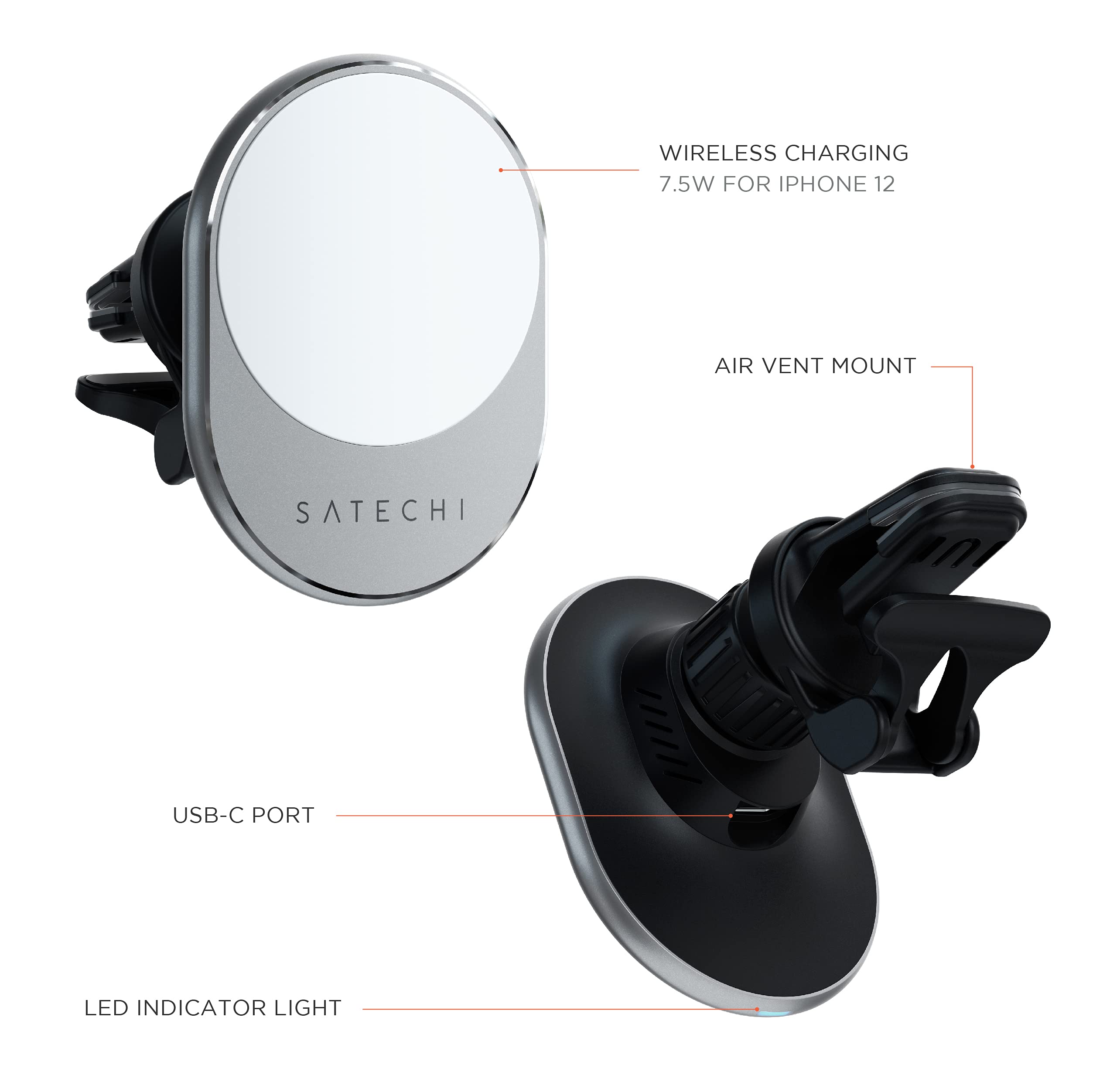 Satechi Magnetic Wireless Car Charger (Qi Wireless Charging) 7.5W Air Vent Mount - Compatible with iPhone 16 Pro Max/16 Pro/16/16 Plus, iPhone 15 Pro Max/15 Pro/15/15 Plus and More