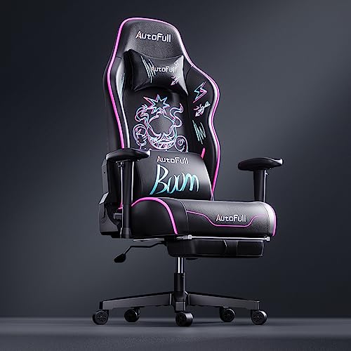 AutoFull C3 Gaming Chair Office Chair with Ergonomic Wingless Cushion PU Leather Racing Style PC Chair with Footrest and Lumbar Support Pillow,Black
