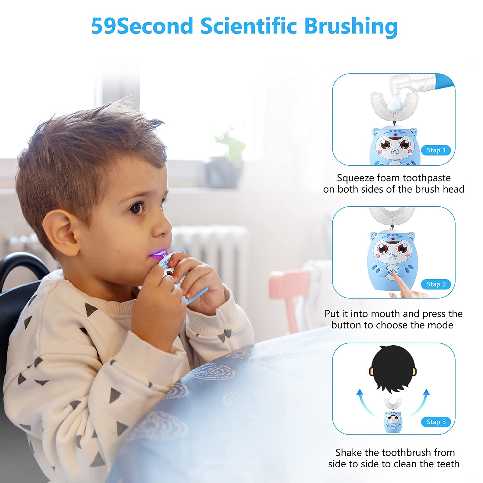 Kids U Shaped Electric Toothbrush U Shaped Automatic Toothbrushes 360° Cleaning with Six Smart Modes Auto Whitening Toothbrush IPX7 Waterproof Design for Toddler Children (2-7 Age (Blue))