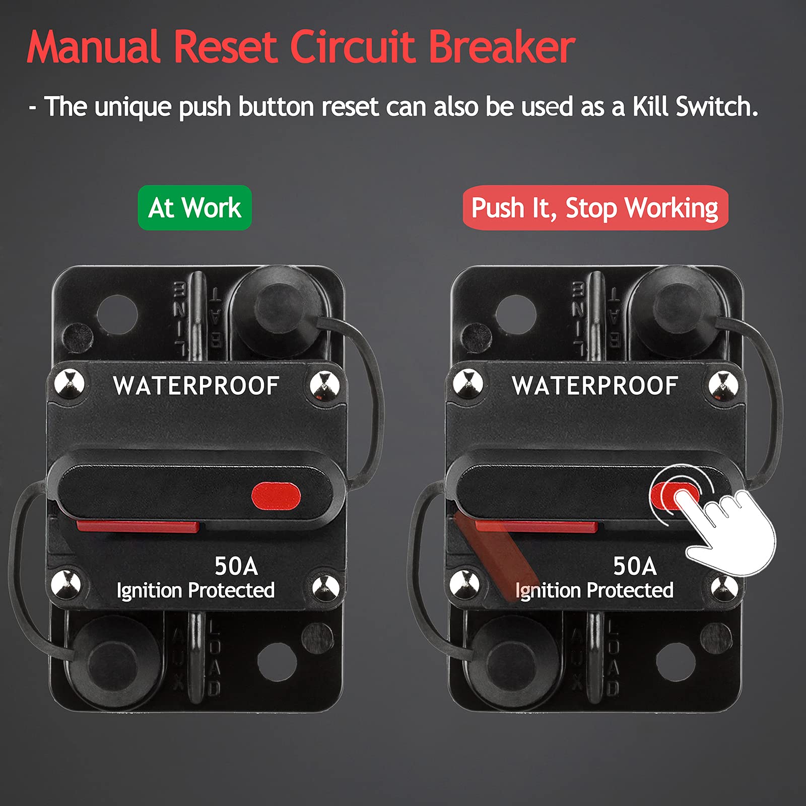 Hamolar 3 Pack 50A Auto Car Stereo Audio Circuit Breaker Fuse 12-48VDC Manual Reset Button Switch Fuses, with Wire Lugs Copper Washer