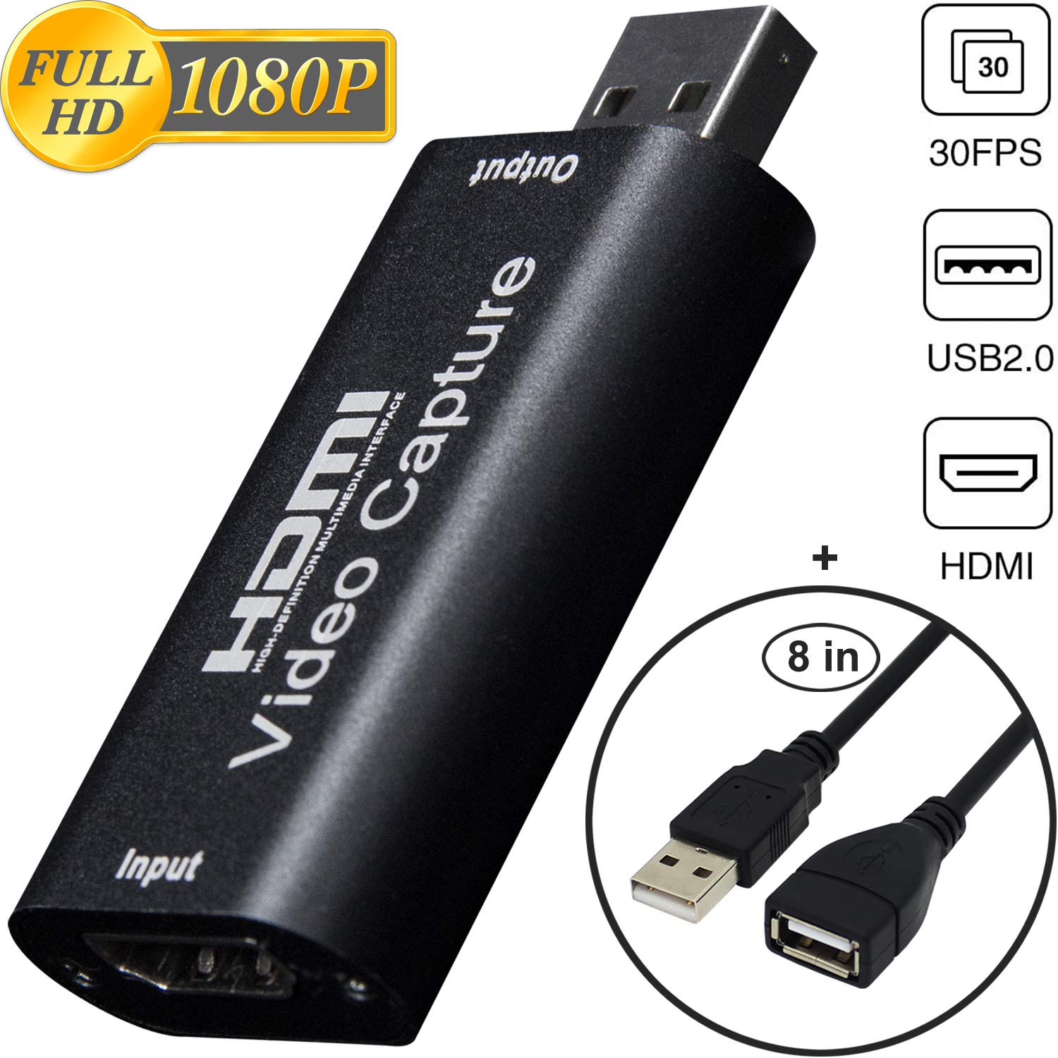 BlueAVS HDMI to USB Video Capture Card 1080P for Live Video Streaming Record via DSLR Camcorder Action Cam (Black)