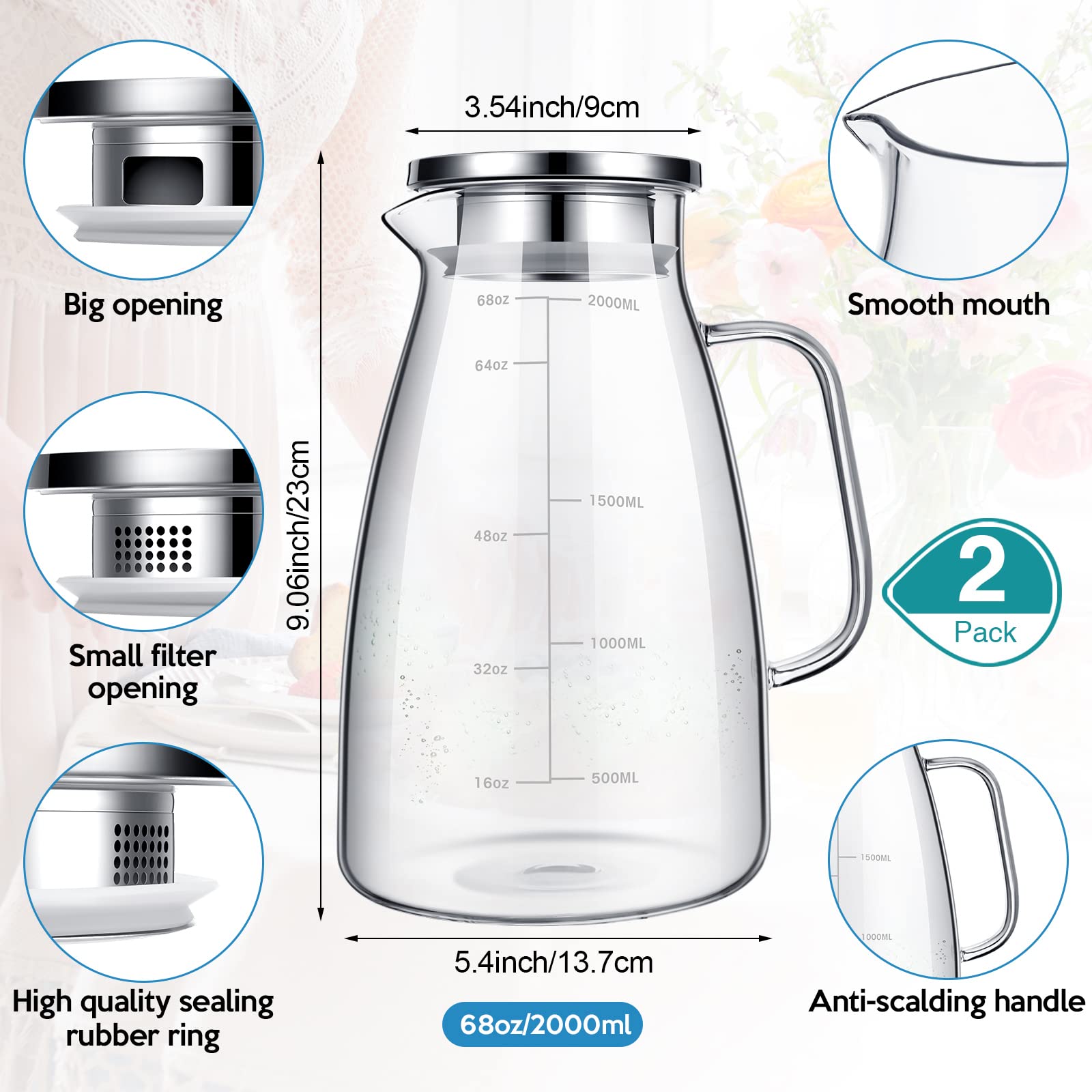2 Pcs Glass Pitcher Water Pitcher Fridge with Lid and Handle Carafes and Pitchers Iced Tea Pitcher Hot Cold Water Heat Resistant Borosilicate Glass Jug for Water Juice Iced Tea (Simple Style,68 oz)