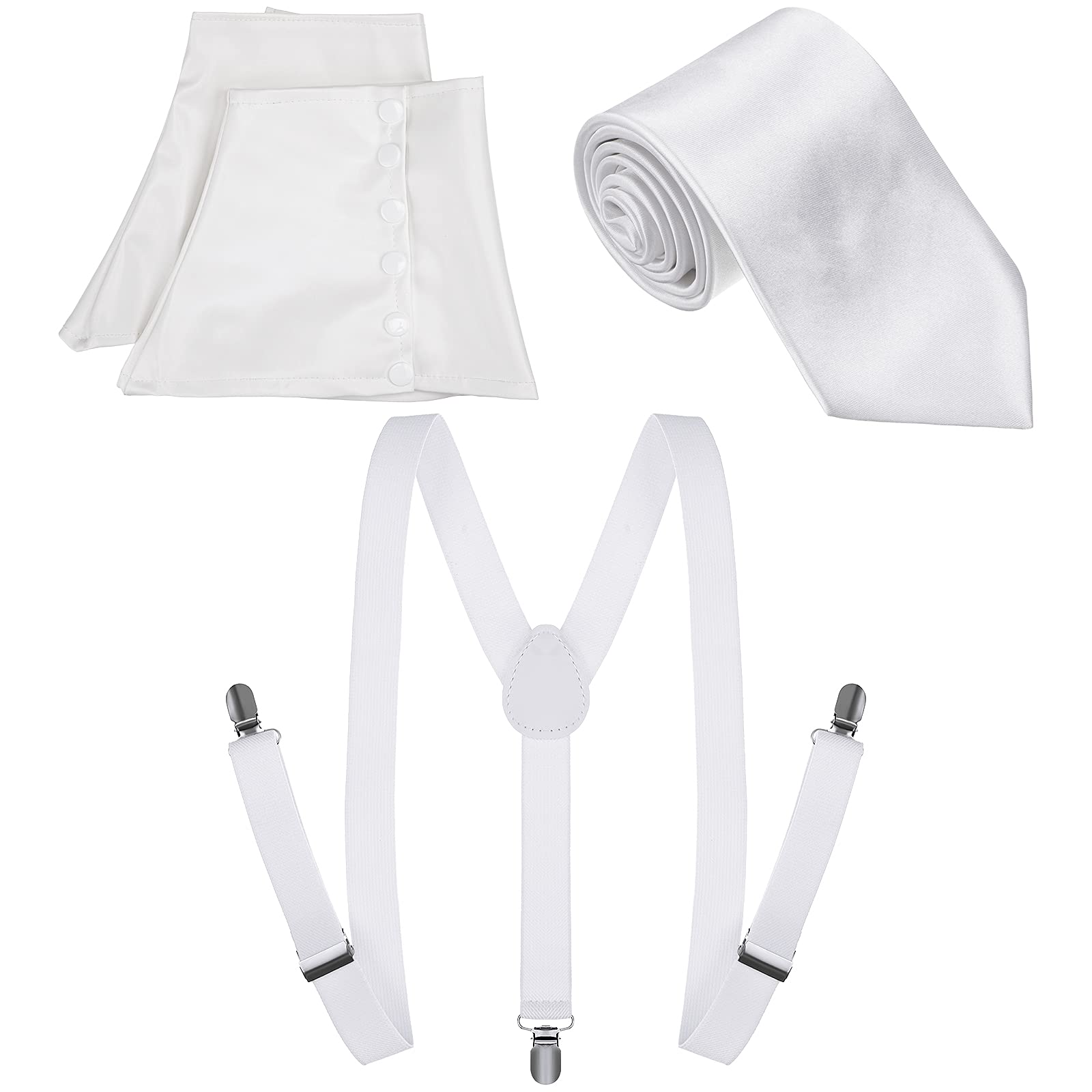 1920s White Mens Costume Accessories Set Including Gangster Spats Suspenders Y-Back Trouser Braces White Tie
