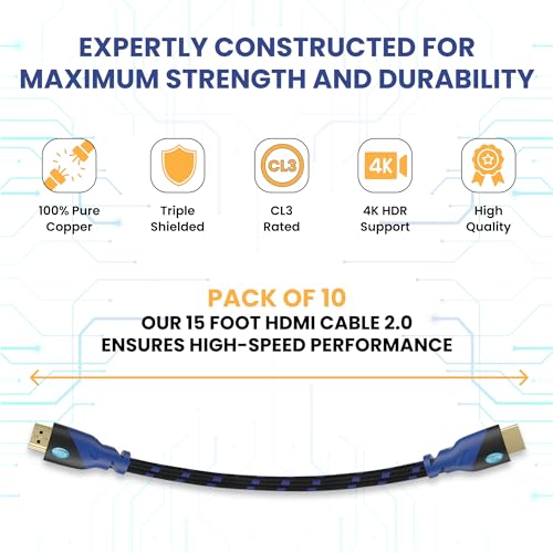 AURUM CABLES Ultra Series High-Speed 4k HDMI Cable with Ethernet for Gaming and TV, 15ft Braided Network Extender HDMI Cord Supports, 3D,1080P, ARC, Compatible with PC Laptops Xbox PS3 PS4 PS5,10 Pack