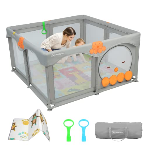 Addweet Baby Playpen for Babies and Toddlers, Cartoon Large Play Yard for Baby with Mat, Safety Playpen for Baby, Baby Play Area Indoor & Outdoor, Octopus, 50”×50” (Grey)