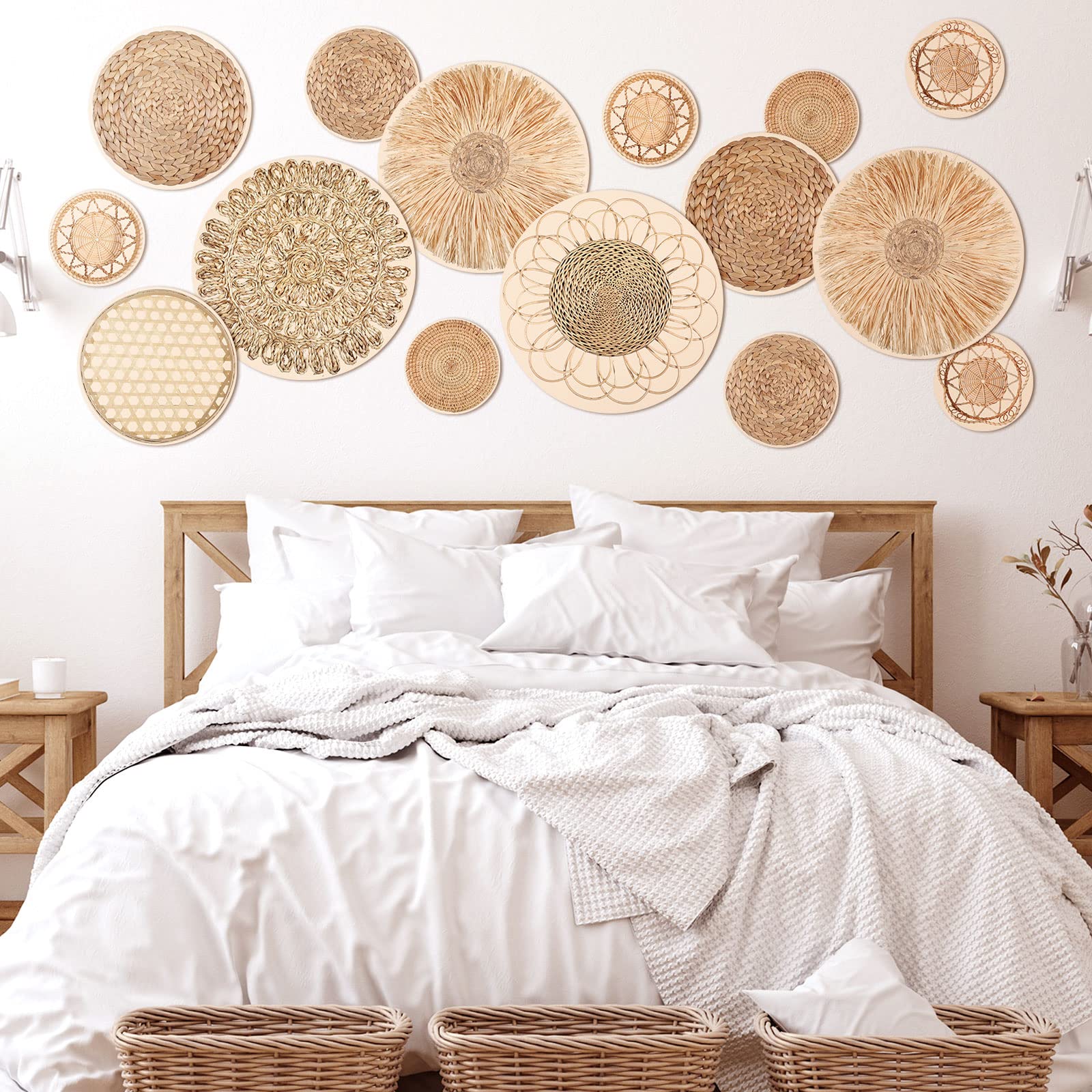 15 Pcs Boho Basket Wall Decor Round Boho Wall Decals Modern Wall Stickers Peel and Stick Wall Bohemian Decor Rustic Removable Boho Wallpaper Art for Home Office Living Room Bedroom (Cute Style)