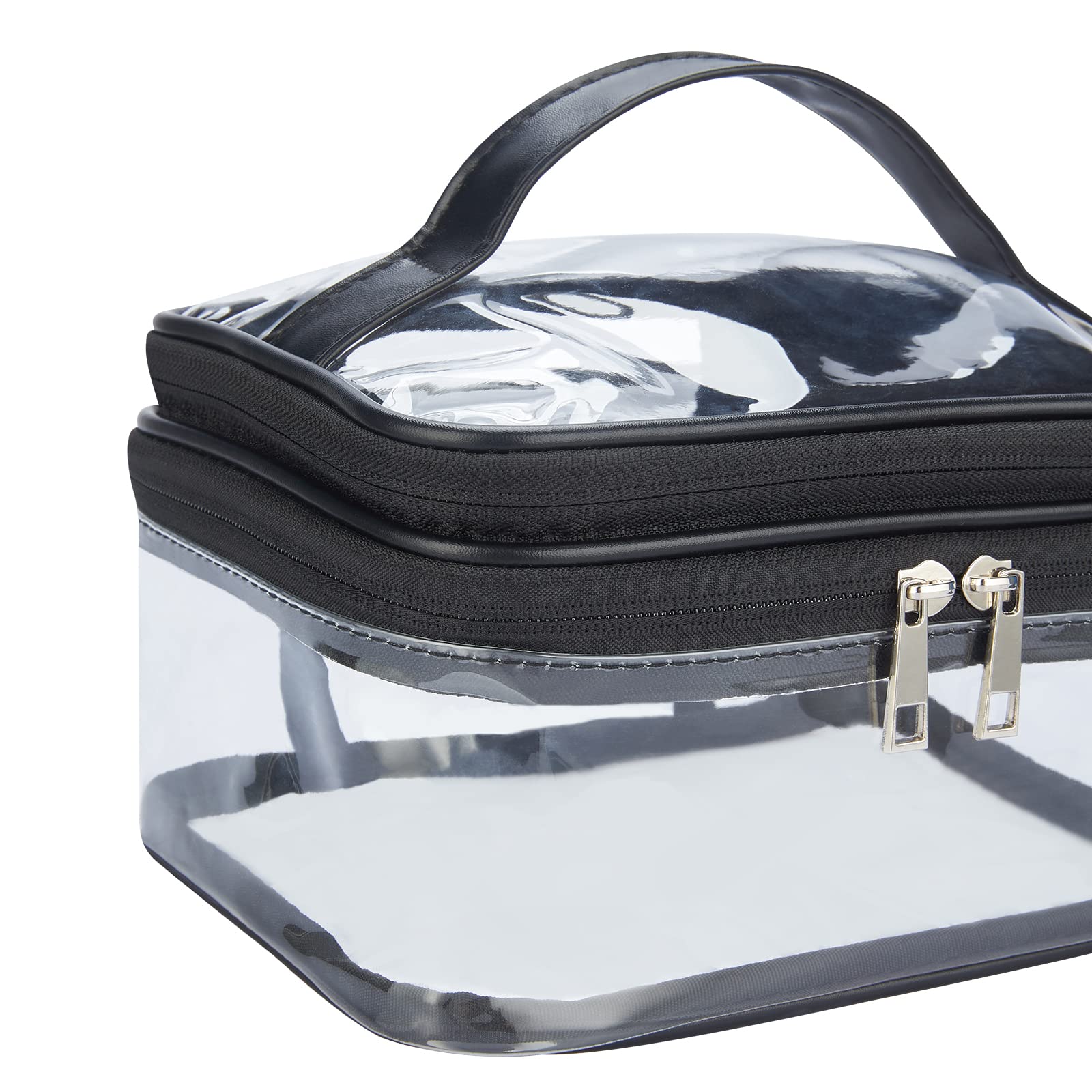 HAOGUAGUA Double Layer Clear Cosmetic Bag Makeup Bag, Waterproof Travel Toiletry Bag, Transparent PVC Hair & Nail Accessories Pouch Beach Bag Organizer (Black)