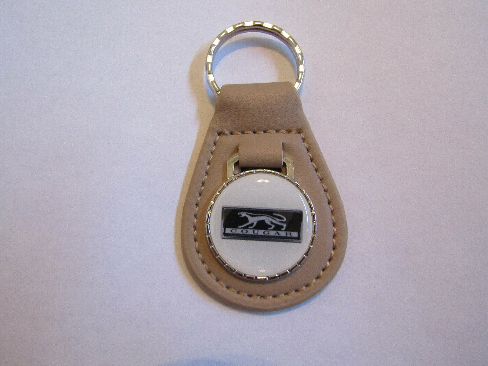 1967 1968 1969 1970 COUGAR CAT LOGO EMBLEM PLAQUE LEATHER KEYCHAIN - BEIGE