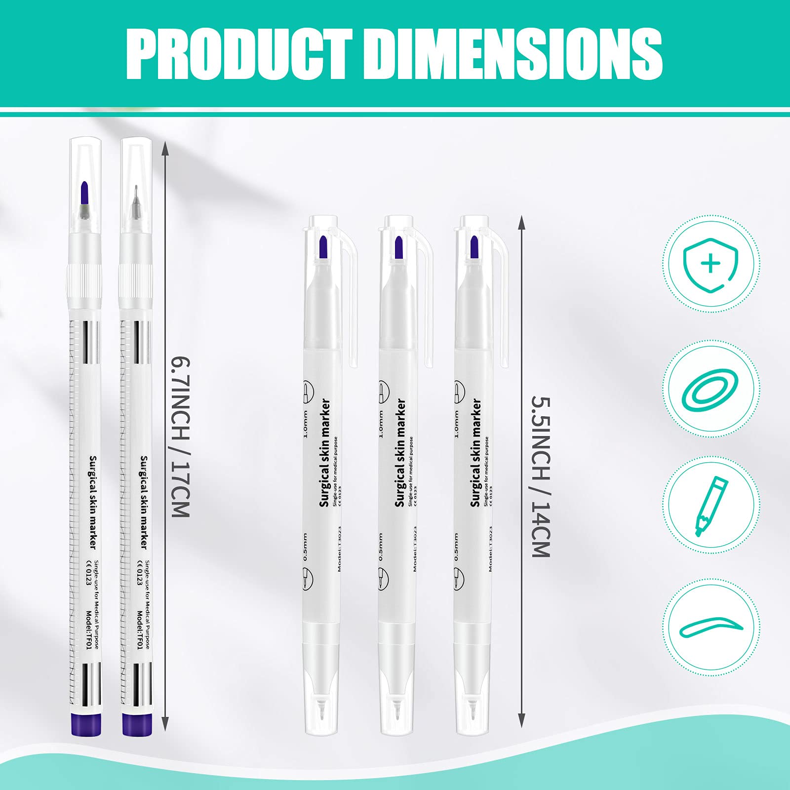 Zonon 5 Pieces Tattoo Tip Markers Skin Marker Pen Tattoo Pen in 0.5 mm and 1 mm with Paper Ruler for Skin, Eyebrow, Lips (2 Single Head, 3 Double Heads)