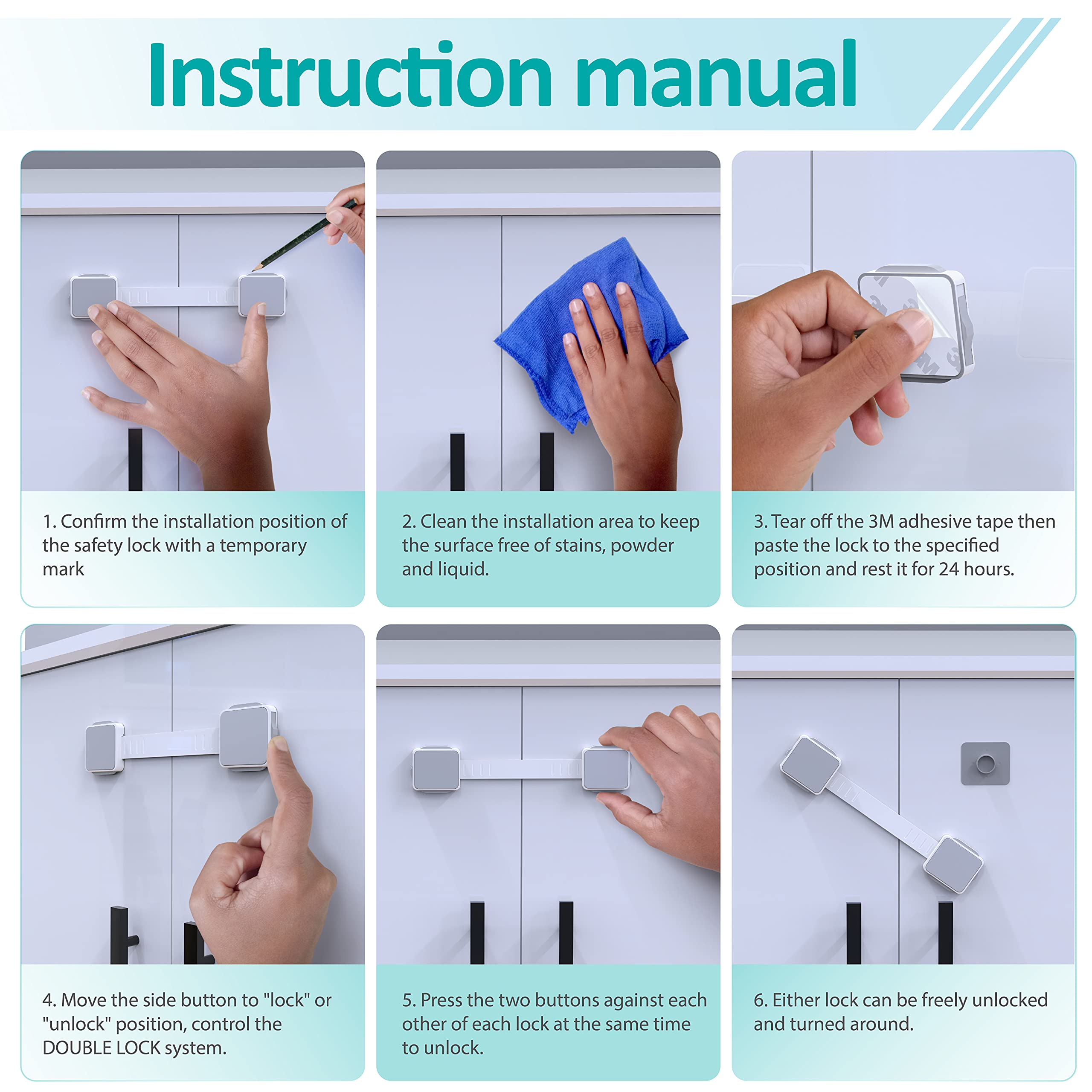 Child Adjustable Strap Lock, Sliding U Shaped Baby Safety Latch for Drawers, Cabinets, Oven, Toilet Seat, No Tool, No Drilling Needed, Super Strong 3M Adhesive