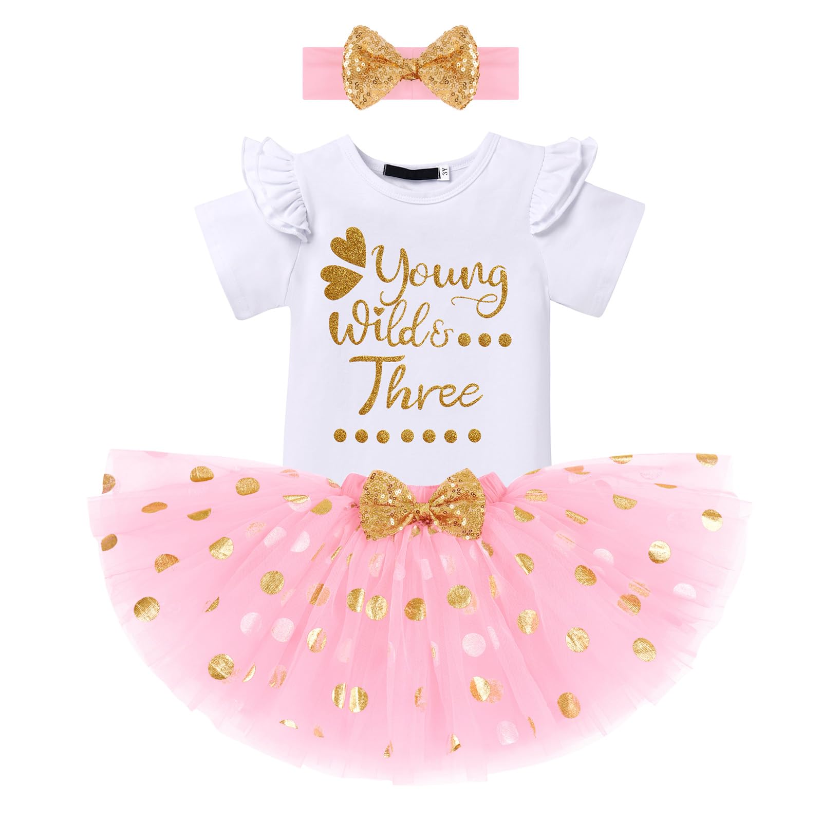 Toddler Baby Girls 1st/2nd/3rd Birthday Outfit Princess Sweet Sassy Crown Headband Tutu Skirt Set Cake Smash Baptism Christening Formal Suit Clothes Set for Photo Shoot Pink-young wild three 3T