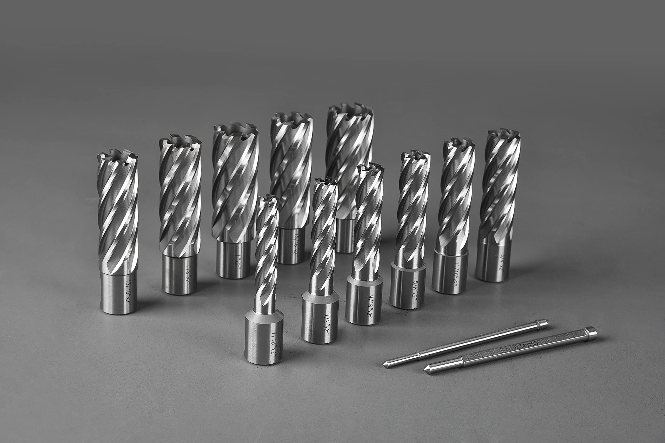Annular Cutter Set 13 pcs JESTUOUS 3/4 Inch Weldon Shank 2 Cutting Depth and Cutting Diameter from 7/16 to 1-1/16 for Drill Press HSS Standard Kit Two Flat with 2 Pilot Pins