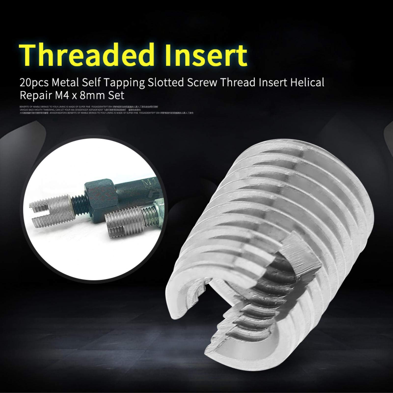 M4 x 8mm Self Tapping Thread Inserts, 20Pcs Helical Screw Threaded Inserts, Metal Slotted Screw Thread Insert Helical Repair Set for Helical Repair