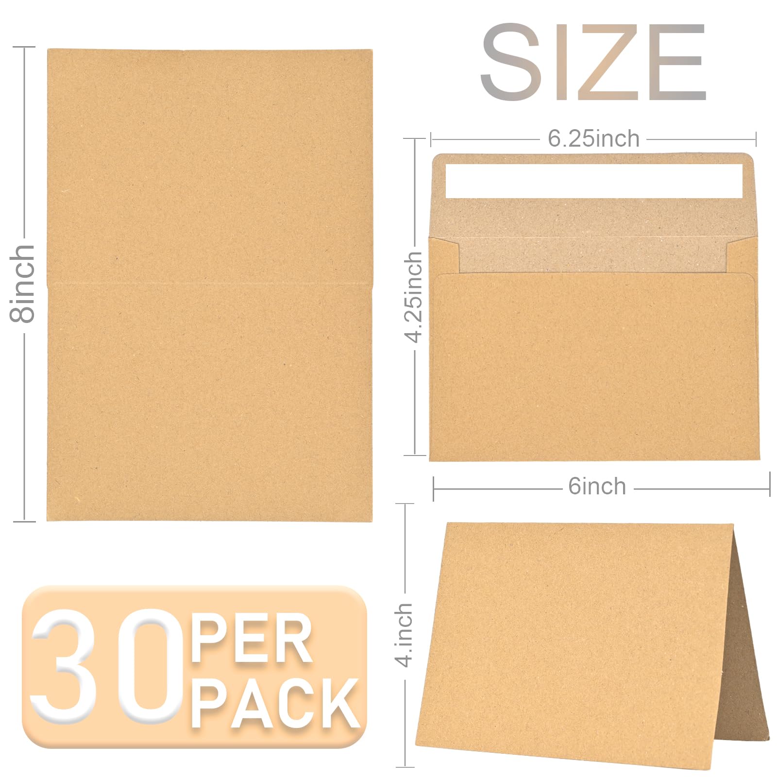30 blank cards and envelopes each, thank you blank greeting cards and envelopes, brown A4 blank cards, 4x6 envelope invitations, suitable for printing custom, suitable for various occasions DIY